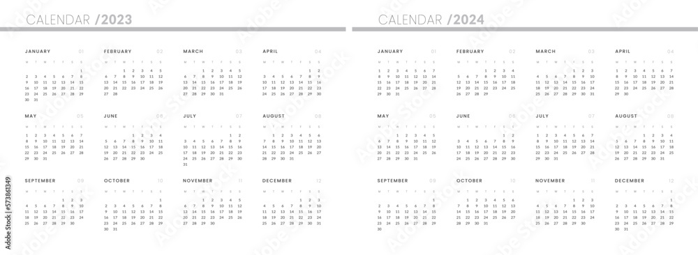 Set of 2023-2024 Annual Calendar template. Vector layout of a wall or ...