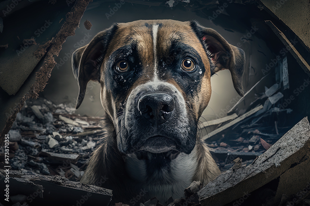 Trained dog working rescuing people and saving lives in a city affected ...