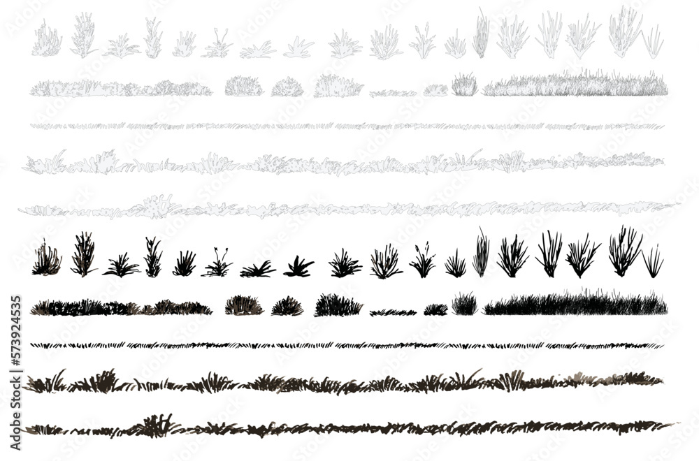 set of grass line cad and silhouettes isolated on white background ...