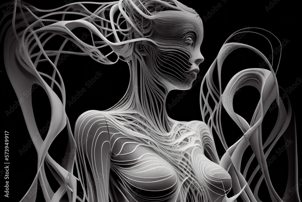 Digital procedural art, mathematical functions, plotted curves resembling a female figure ...
