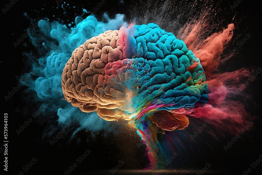 Concept art of a human brain exploding with knowledge and creativity ...