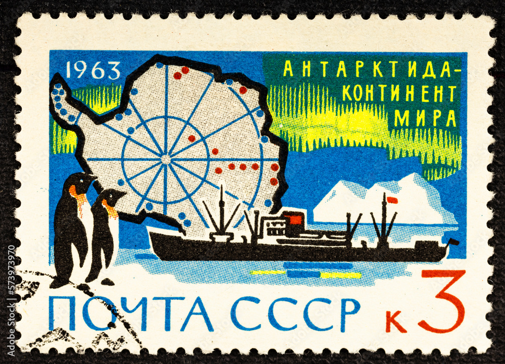 USSR - CIRCA 1963: a stamp printed by USSR shows Map of Antarctica ...