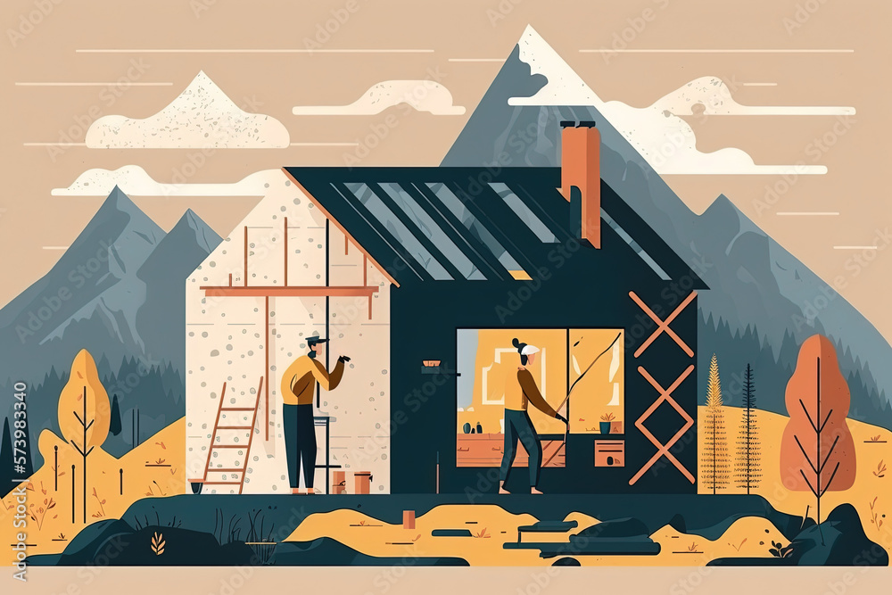 Workers build a new house in the mountains, install plastic windows ...