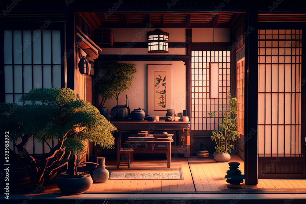 Minimal interior design in japanese style. Asian living room with house ...