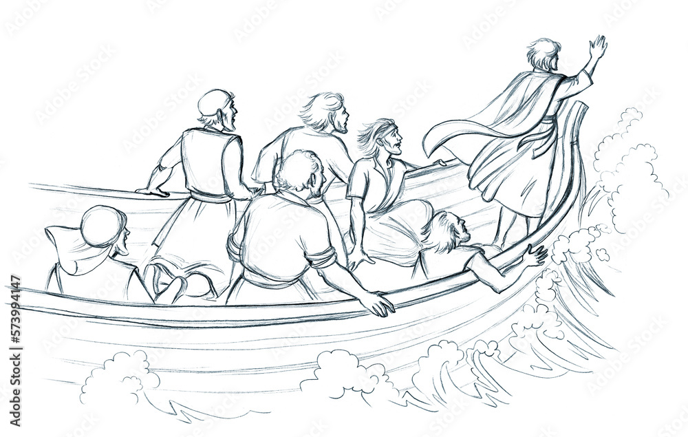 Jesus calms the storm. Pencil drawing Stock Illustration | Adobe Stock