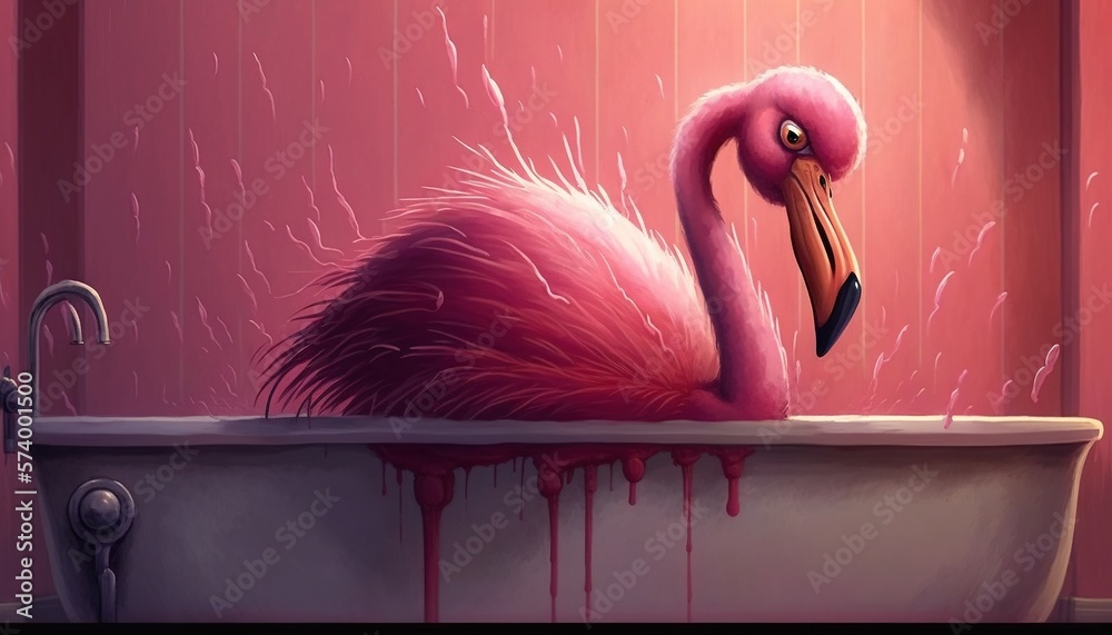 a pink flamingo is sitting in a bathtub with a dripping paint drips all ...