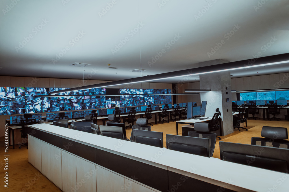 Stock-Foto „Empty interior of big modern security system control room ...