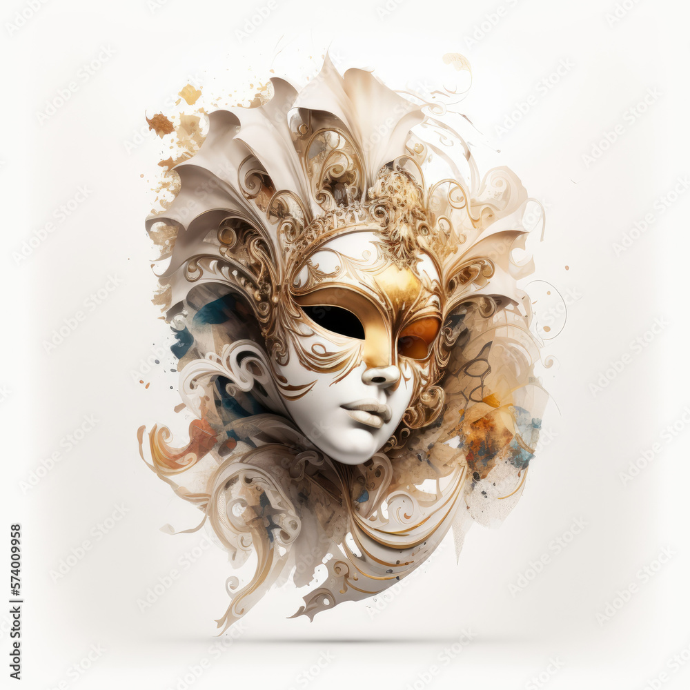 Venetian carnival mask. Sun, golden mask. Masquerade mask on white ...