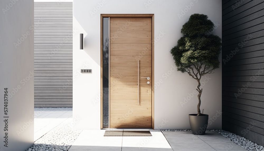 Modern entrance, simple wooden front door Stock Illustration | Adobe Stock