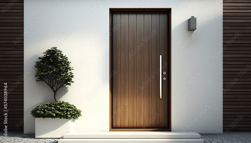 Modern entrance, simple wooden front door for a luxury house Stock ...