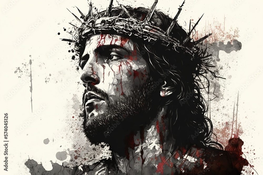 Ink colour painting of suffering Jesus with crown of thorns. Symbol of ...