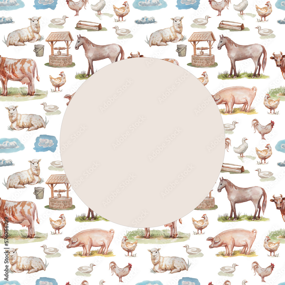 Domestic animals farm cow sheep horse chicken rooster watercolor ...