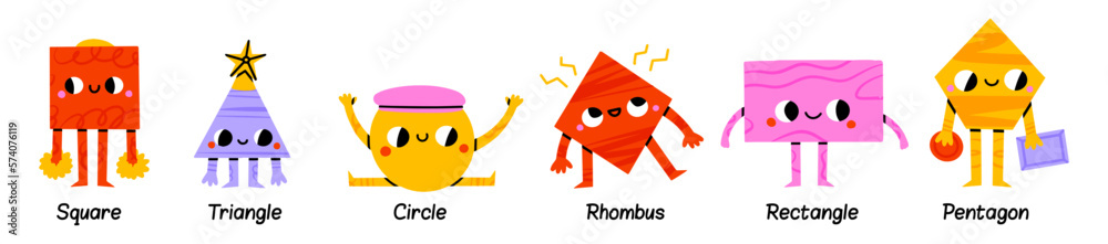 Stock-Vektorgrafik „Geometric shape characters. Lets learn basic shapes ...