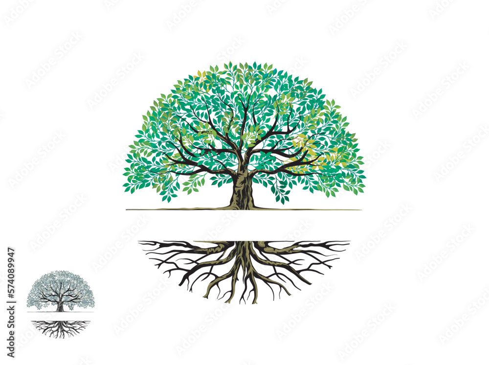 oak tree and roots logo templates in circular shape, in the middle ...