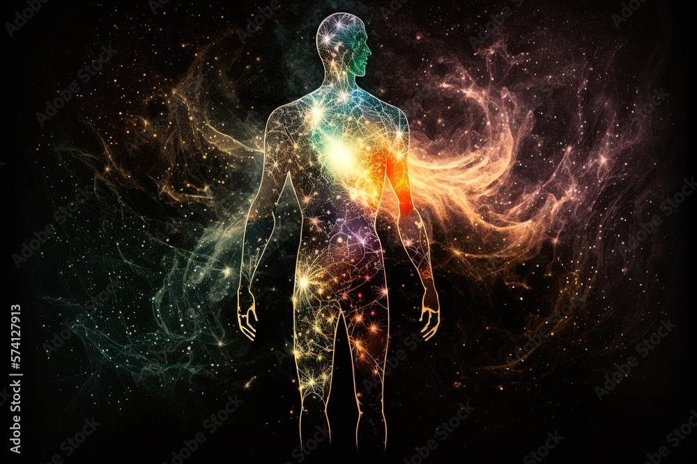 Astral body silhouette with abstract space background. Esoteric ...
