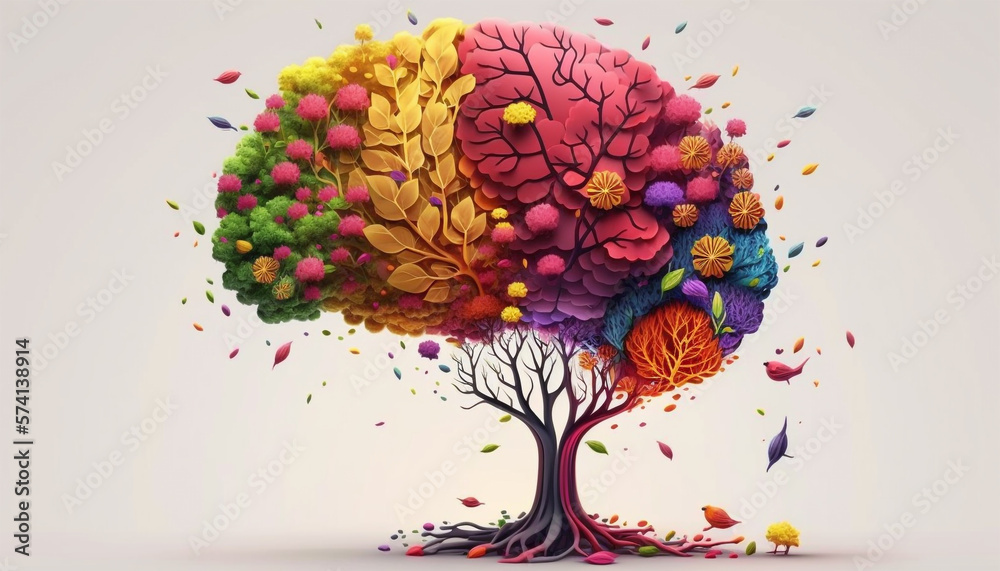 Human brain tree with flowers, self care and mental health concept ...