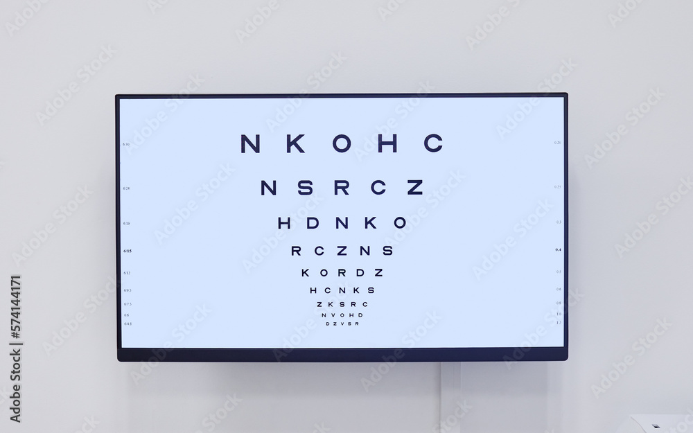 Foto de Stock Eye chart, television and screen in hospital for ...