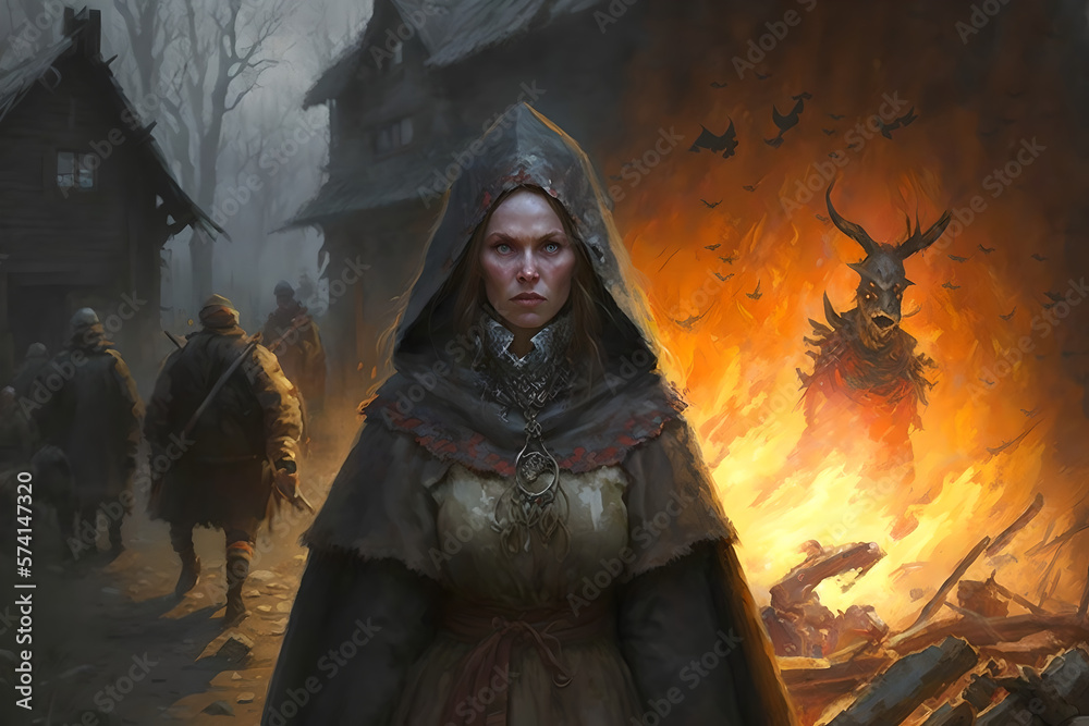 Illustration Stock A young lady, considered a witch in medieval times ...