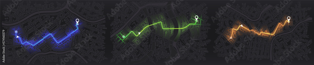 Set of maps with route distance data, path turns and destination tag or ...