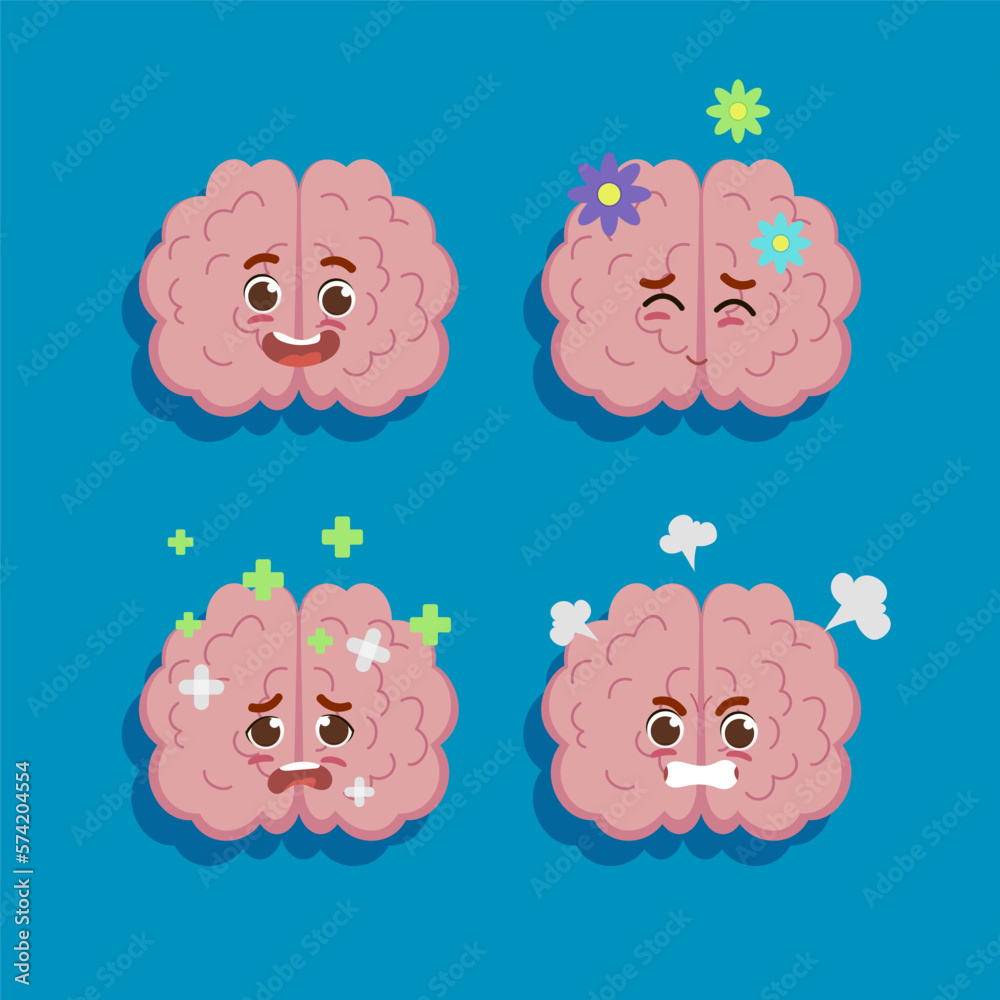 Different emotions of cute brain vector illustrations set. Happy, angry ...