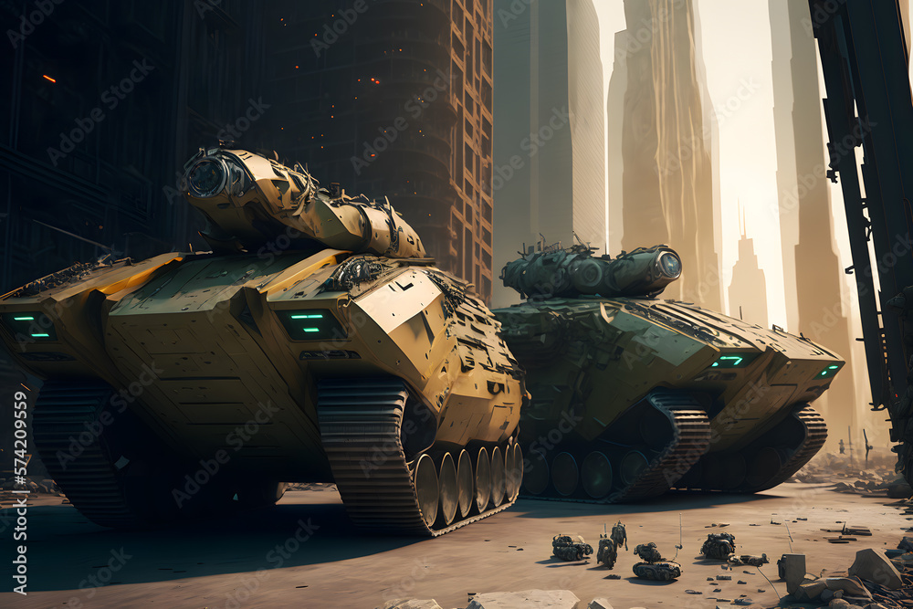 Modern futuristic battle tank with turret and cannon in city center ...