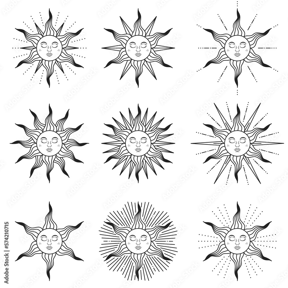 Collection of sun with closed eyes in medieval style. Illustration on ...