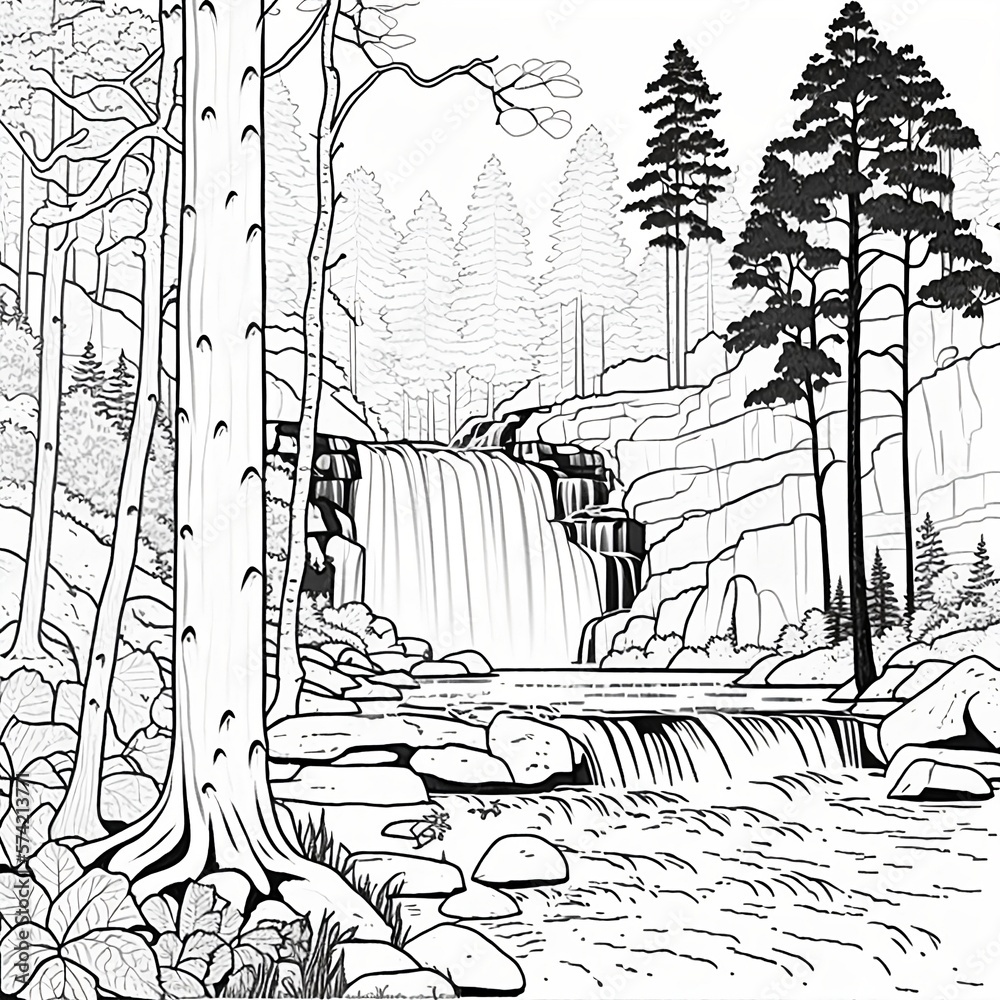 Waterfall landscape in black and white illustration of coloring book ...