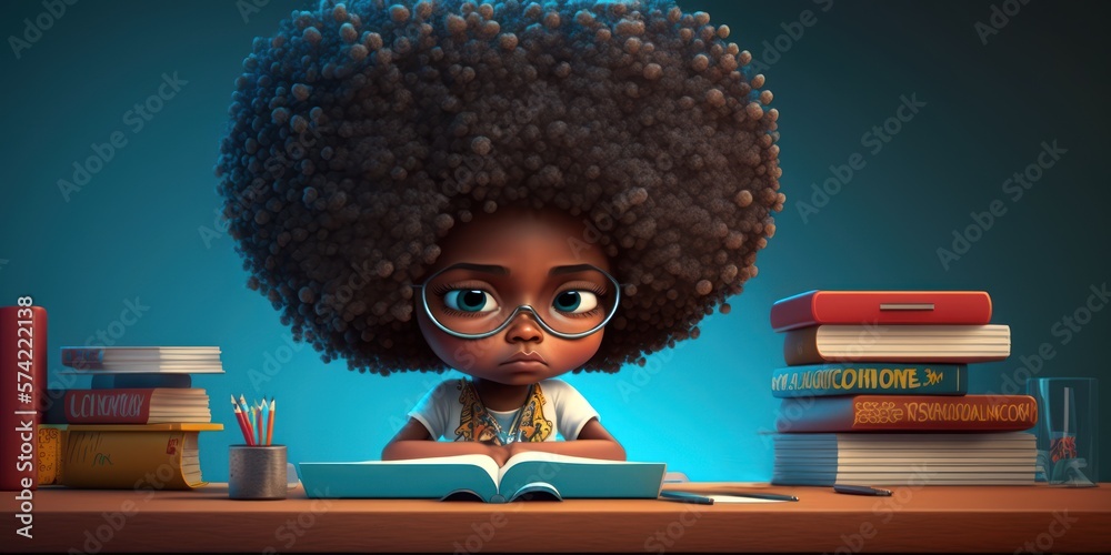 Child reading a book. Cartoon school student girl with afro hair and ...