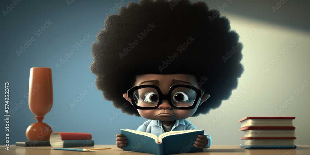 Child reading a book. Cartoon school student with afro hair studying ...