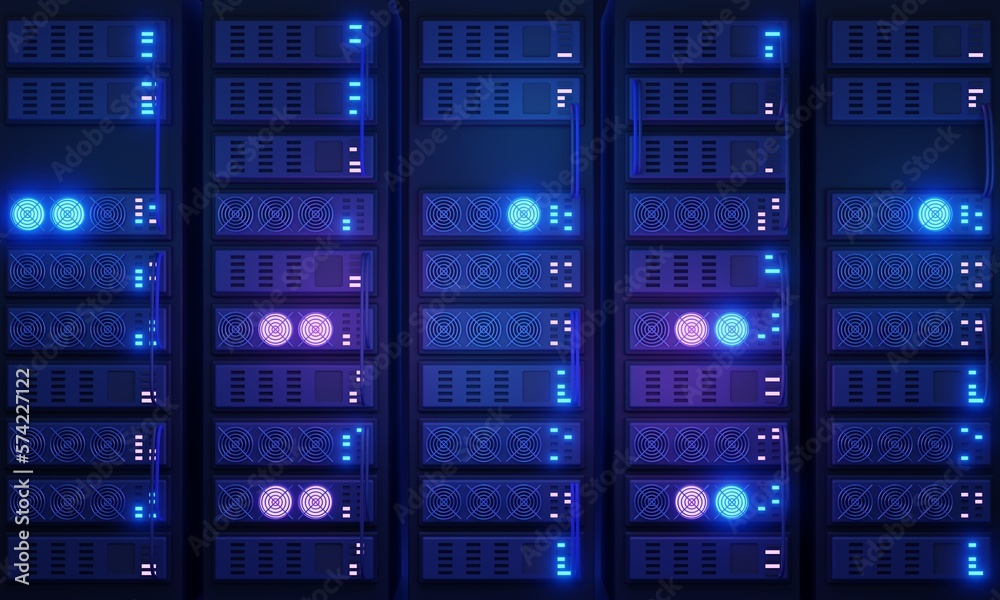 Data center 3D concept illustration. Cluster of powerful servers that work together to support ...