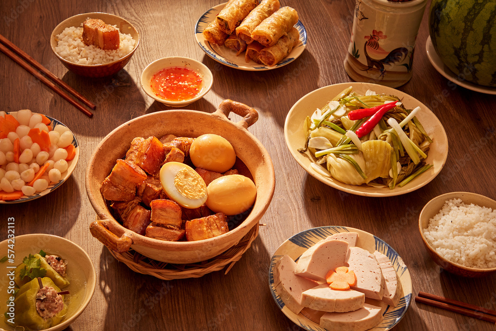 A classic traditional Vietnamese dish with caramelized pork and eggs as ...