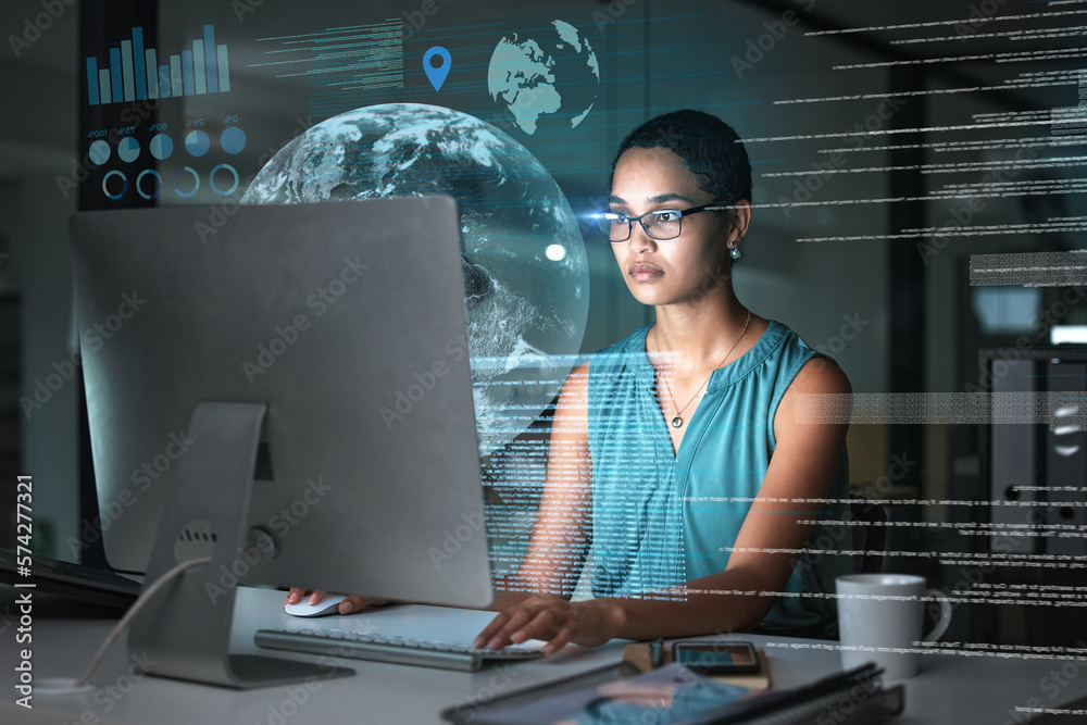 Computer hologram, global network and woman reading data analysis of ...