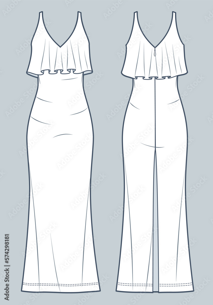 Maxi Dress technical fashion illustration. Evening Dress fashion flat ...