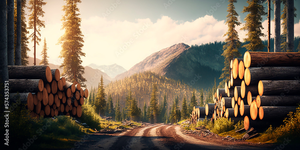 Fallen logs of trees from the forest lie on the road, transportation to ...