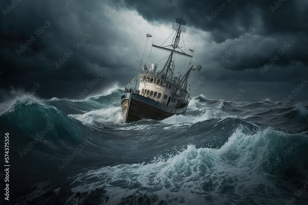 Illustration Stock fishing boat navigating during a storm. Thunder ...