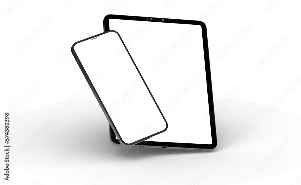 Blank screen realistic tablet frame, rotated position, side view, top ...