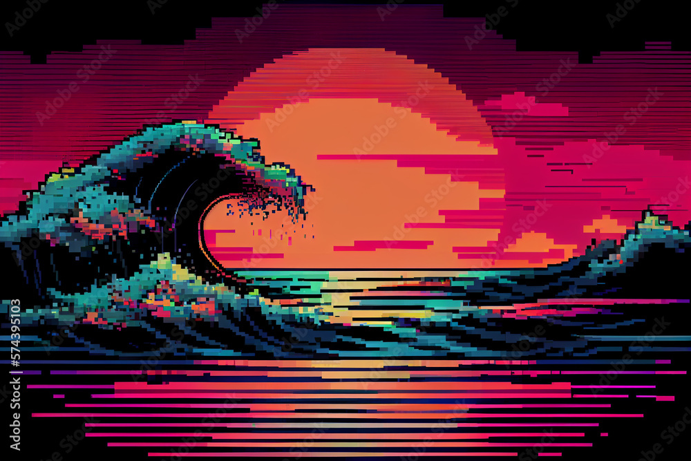 Ilustración de Stock Retrowave or Synthwave Landscape with Sunset, 80's ...