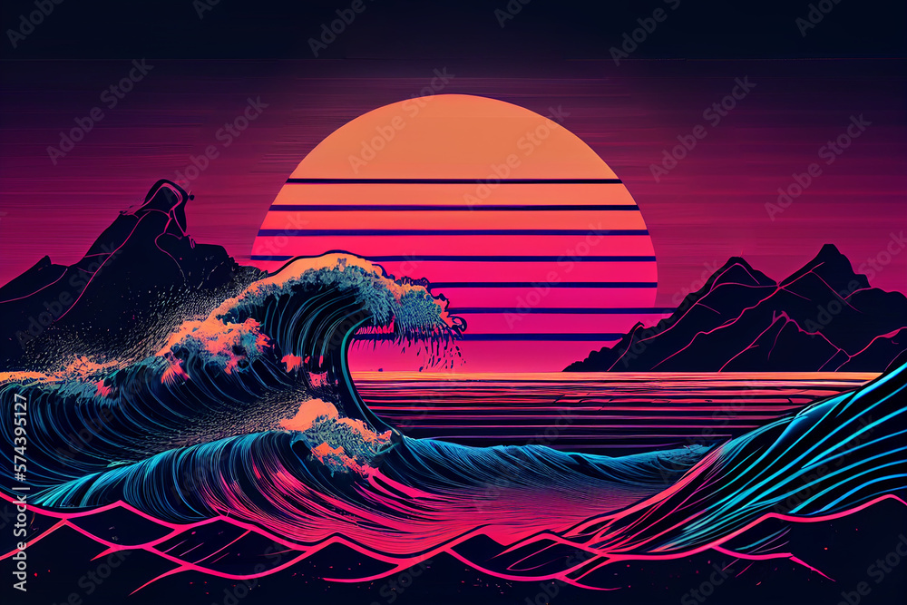 Retrowave or Synthwave Landscape with Sunset, 80's retro synthwave ...