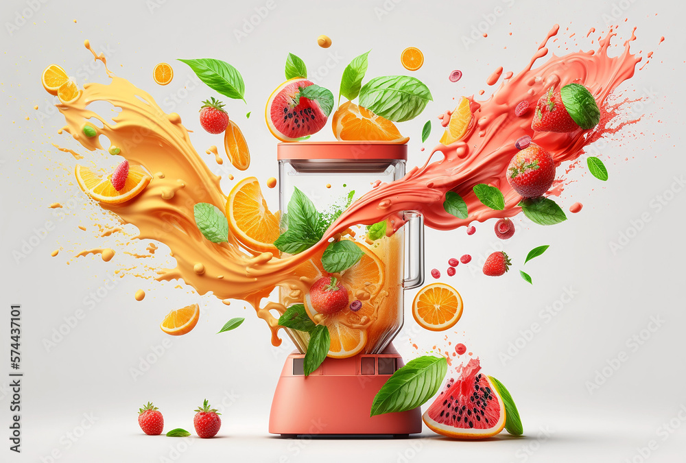 Blender with fruit flying, isolated on white background, fruit juice ...