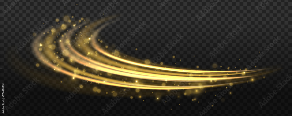 Glittering wavy trail. Golden glowing shiny spiral lines effect. Curved ...
