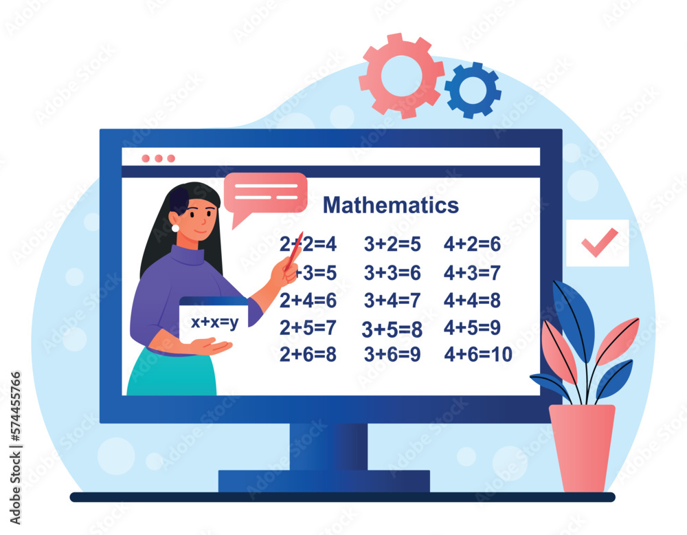 Online learning concept. Young girl on monitor against background of ...