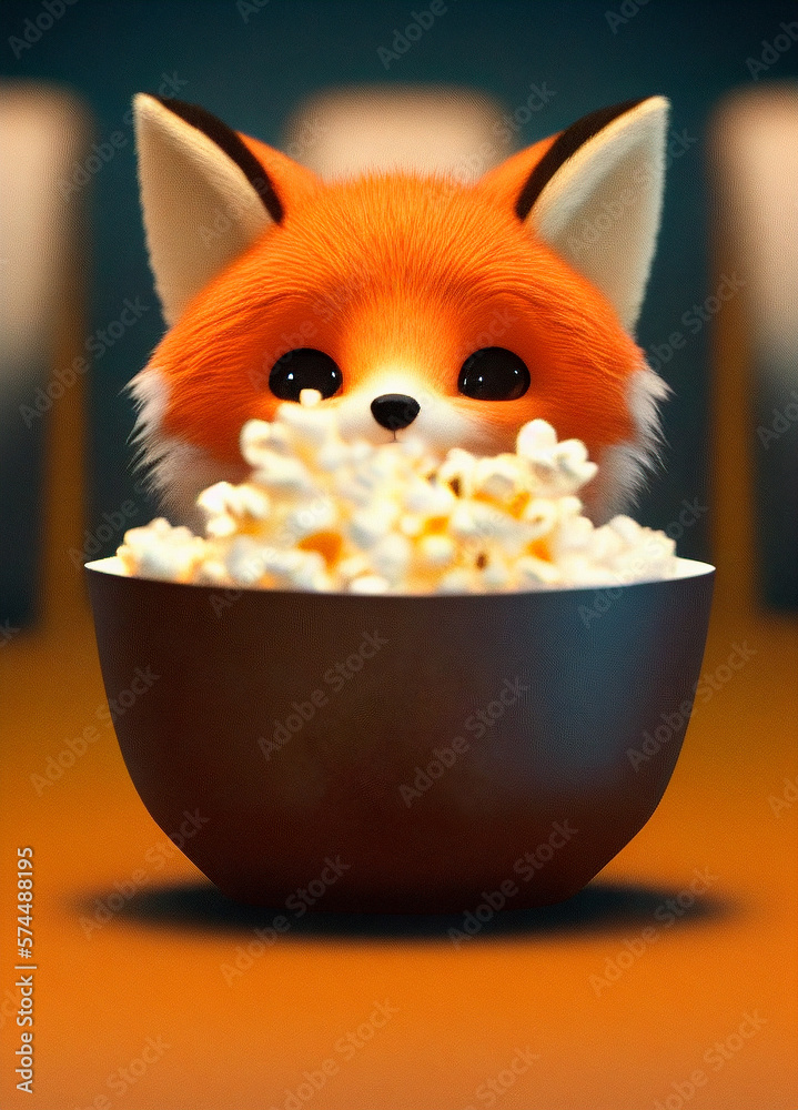 Cute small fox sitting in a movie theater eating popcorn watching a ...