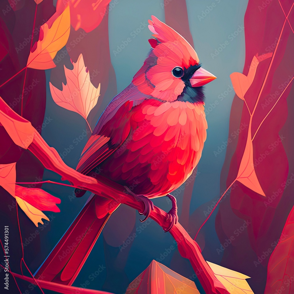 Abstract painting of beautiful male red cardinal in garden. Virginian ...