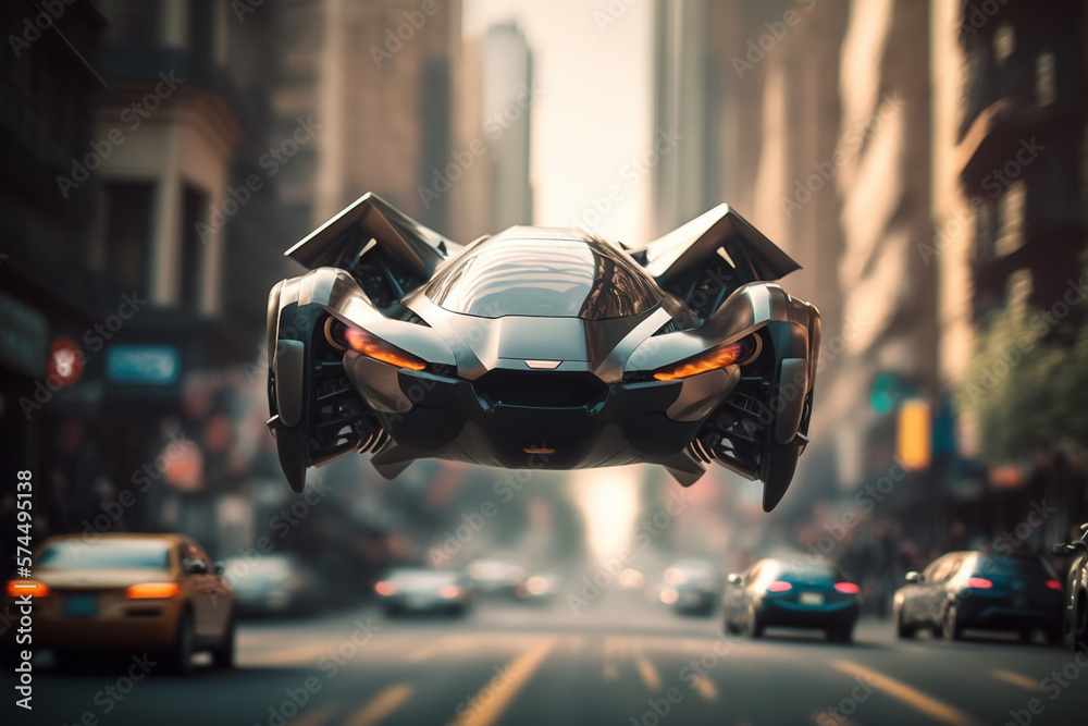 Flying cars: A sleek, futuristic flying car soaring over a bustling ...