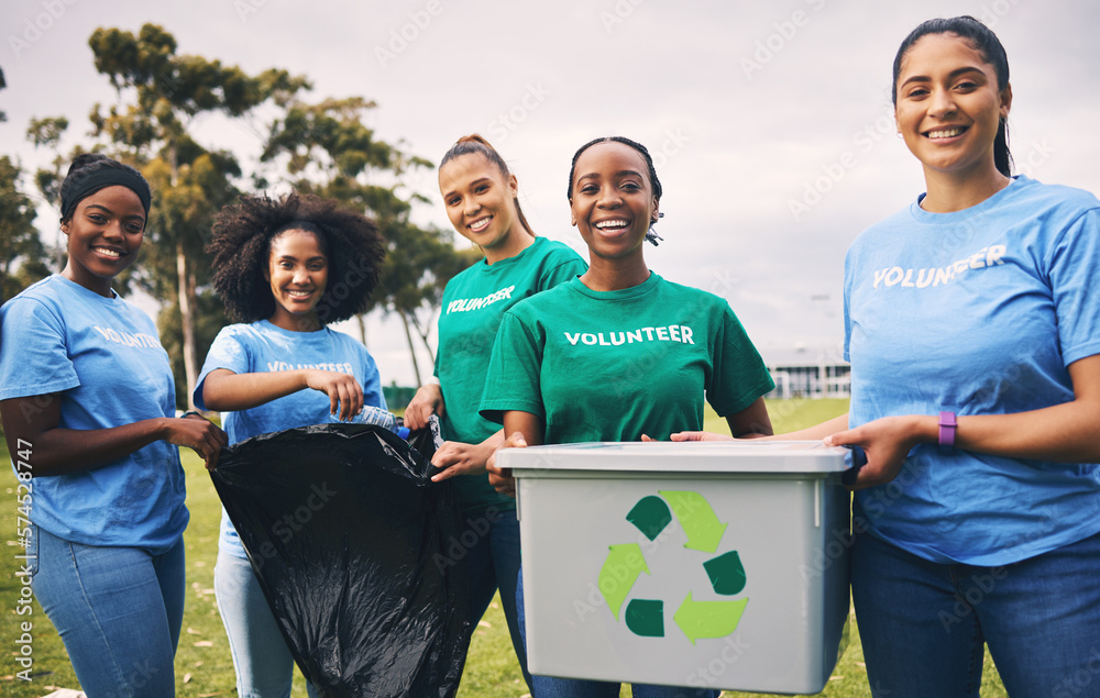 Young people, recycling and volunteer portrait of group doing outdoor ...