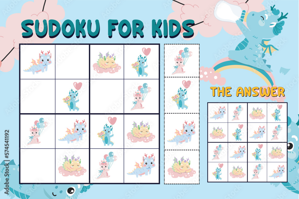 Easy Sudoku game for toddlers with cute baby dragon and unicorn edition ...