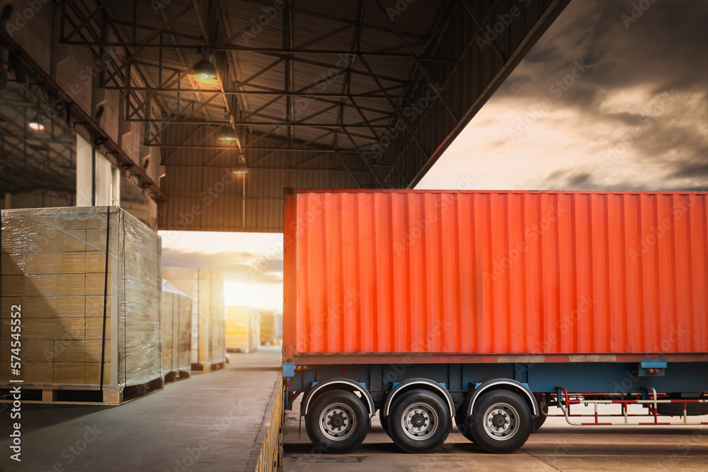Container Trailer Trucks Parked Loading at Dock Warehouse. Delivery ...