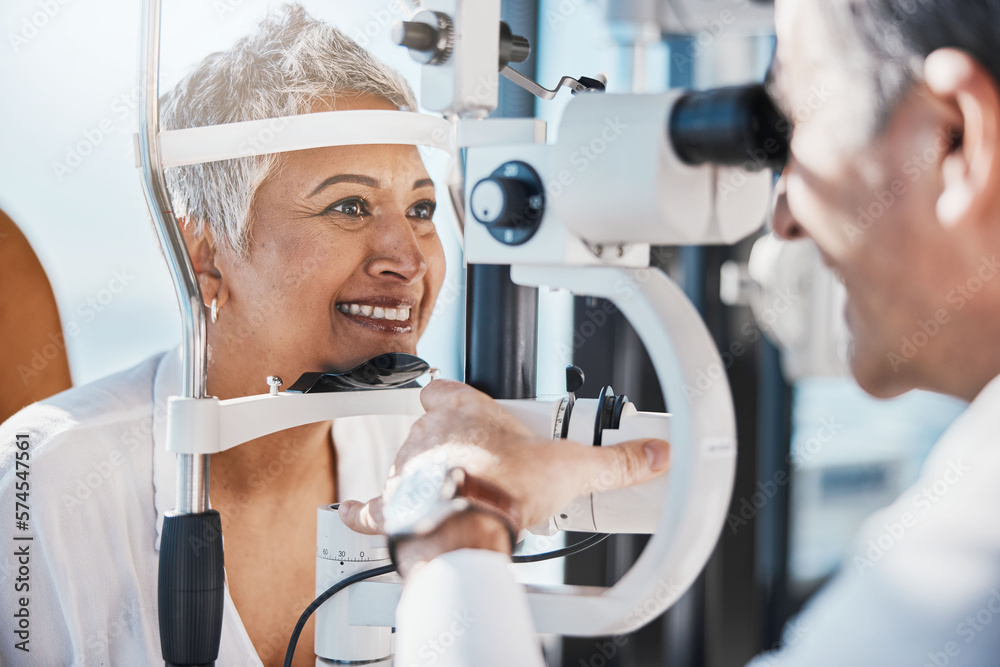 Senior woman, eye exam and optometrist with medical eyes test at doctor ...