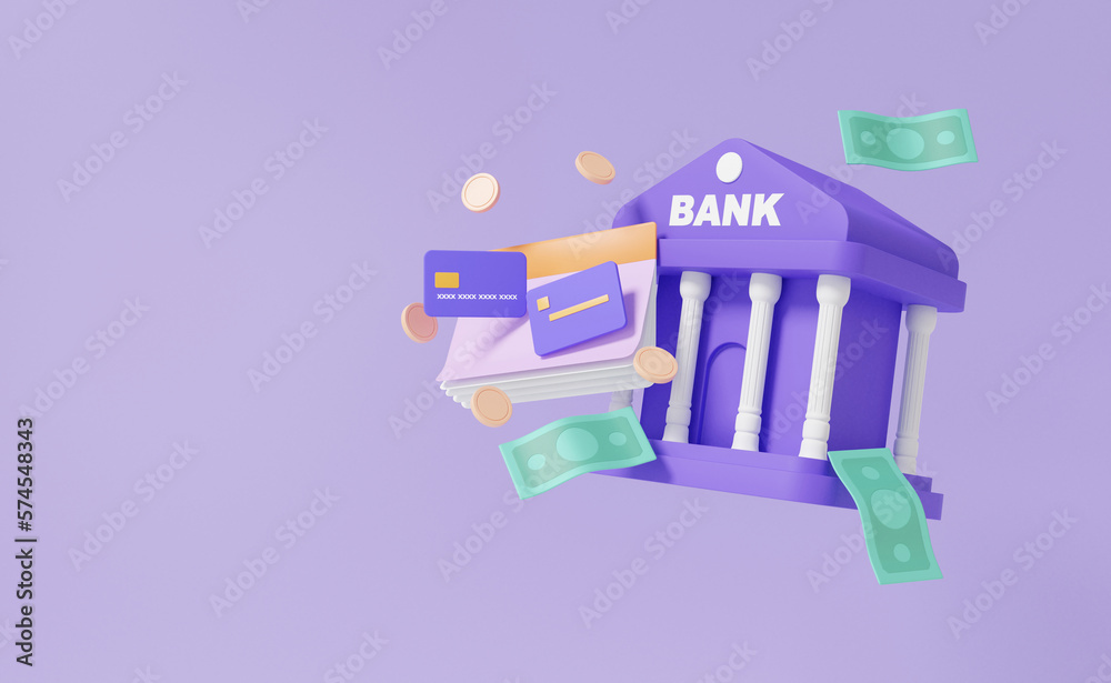 Minimal cartoon style account book bank with bank building floating ...