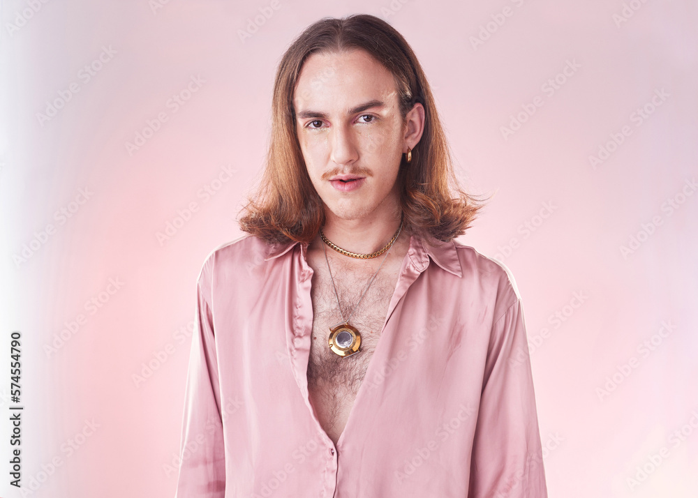 Portrait, vintage fashion and gay man with pride and confidence ...